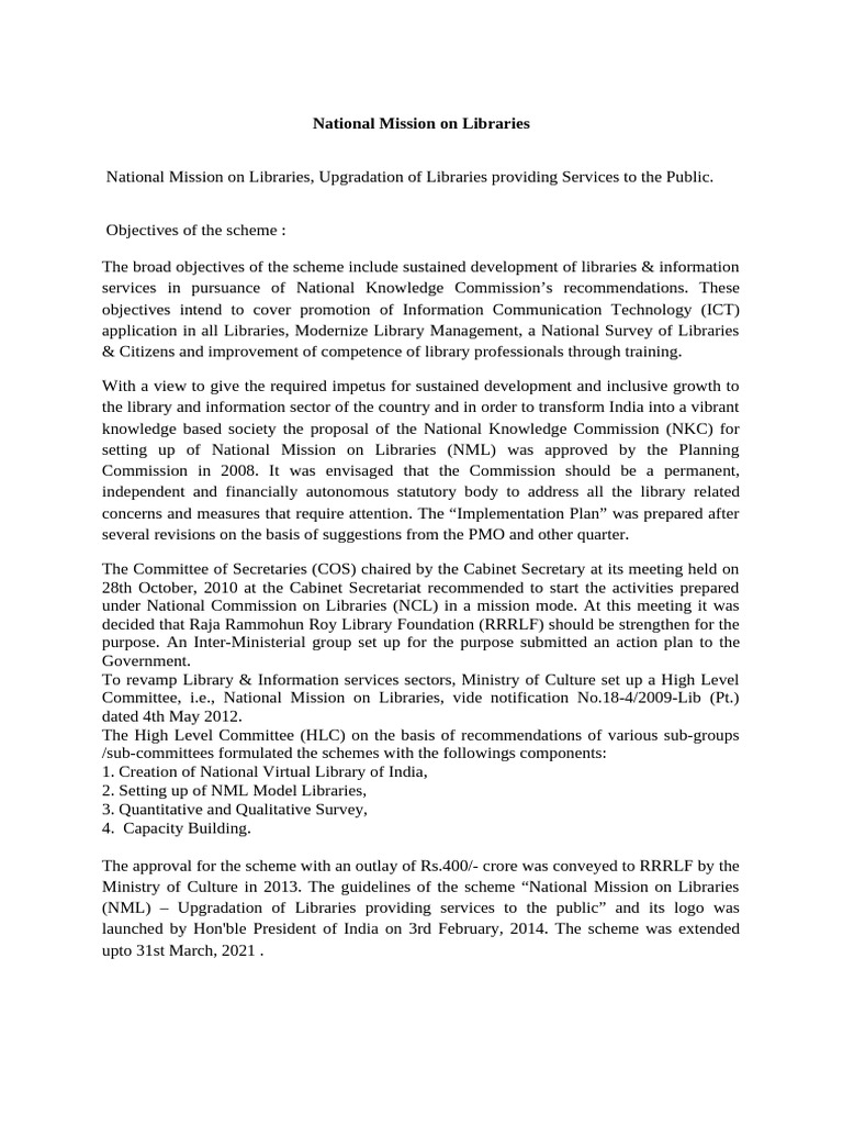 National Mission on Libraries Overview | PDF | Government