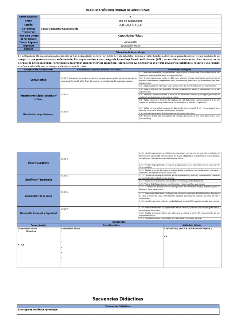 Esquema de Planificacion Por Unidad de Aprendizaje Nivel Secundaria para Educacion Fisica, para ...