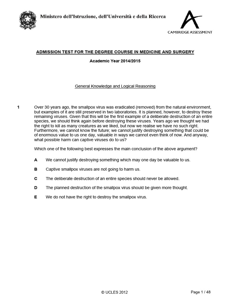 IMAT 2014 Admission Test Paper | PDF