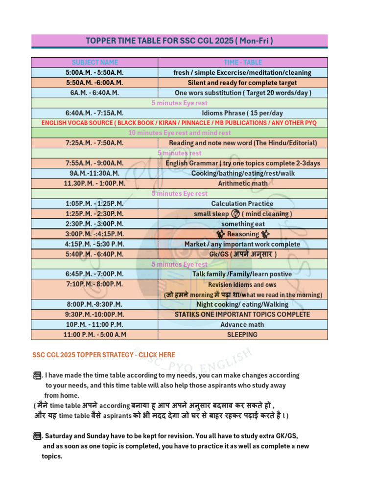 SSC CGL 2025 Topper Study Timetable | PDF