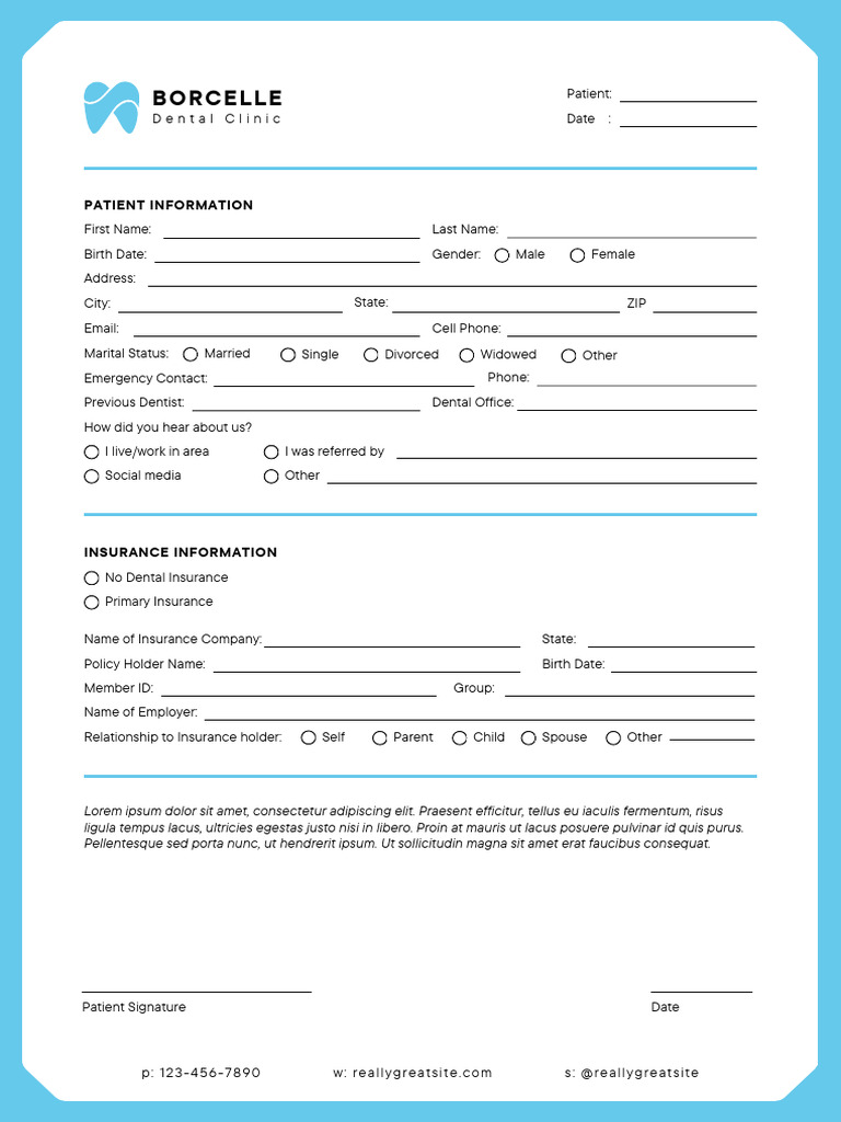 Blue Simple Dental Clinic New Patient Form A4 Document | PDF