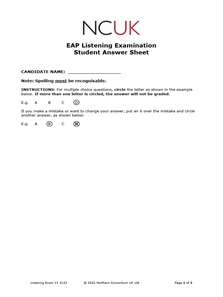 EAP Listening Answer Sheet V1 2122 | PDF
