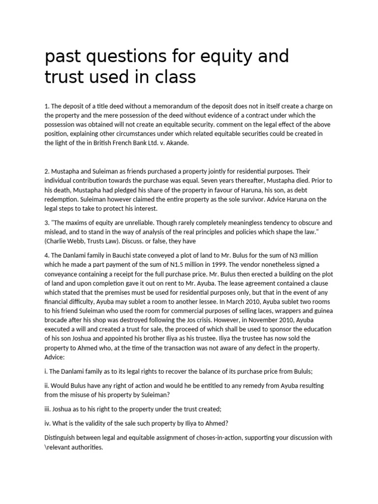 Past Questions For Equity and Trust Used in Class | PDF | Lease ...