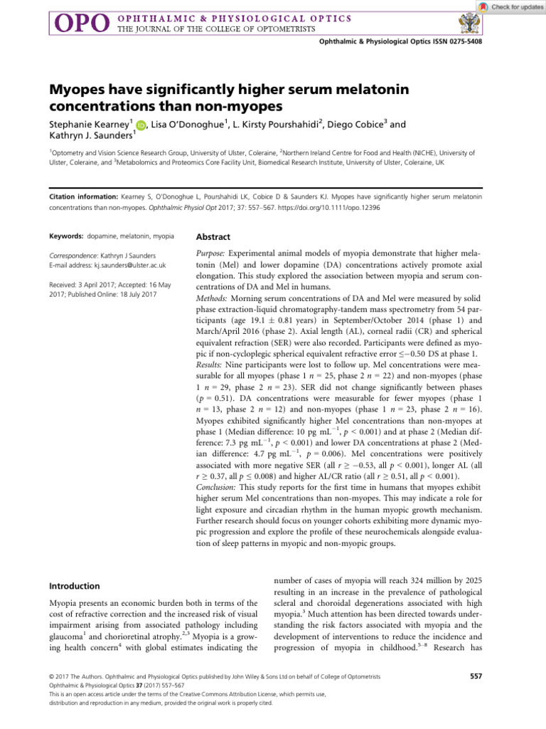 Myopes Show Higher Serum Melatonin Levels | PDF | Myopia