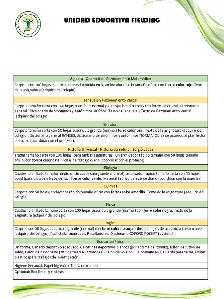 Lista de Útiles 2do SEC | PDF | Color