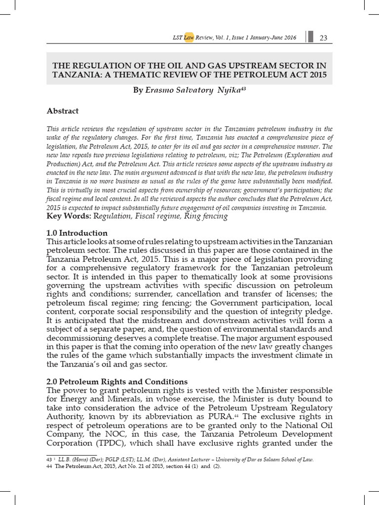 The Regulation of The Oil and Gas Upstream Sector in Tanzania: A ...