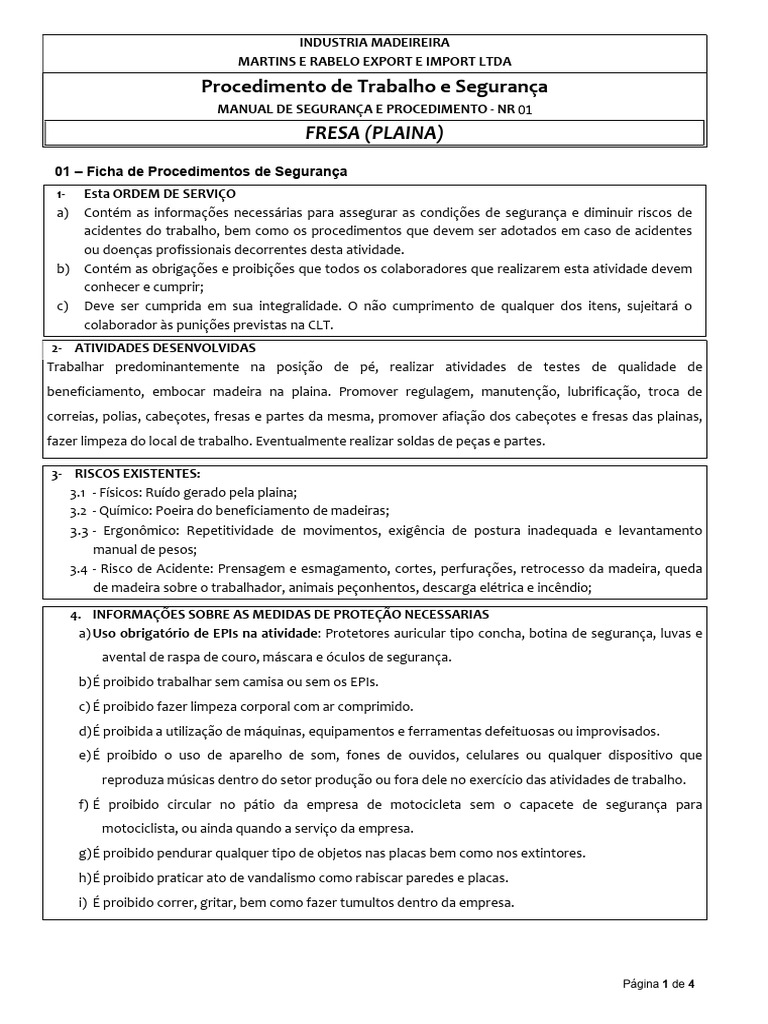 Procedimento de Trabalho e Segurança - PLAINA - FRESA - MARTINS E ...
