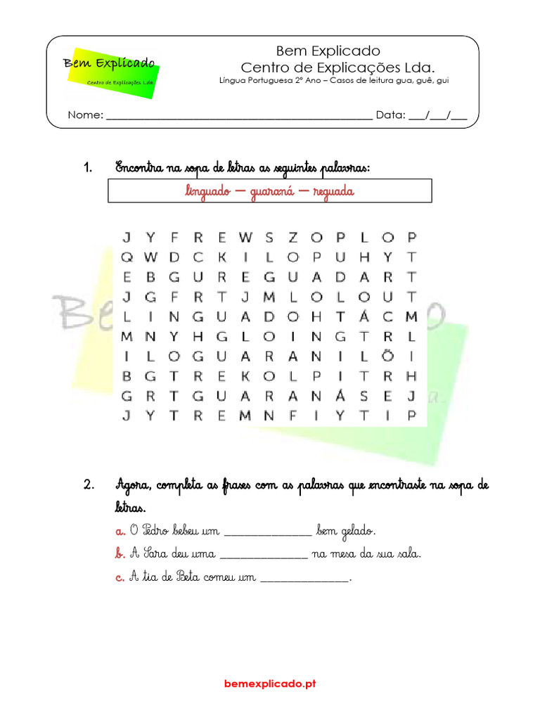 6.3 - Ficha de Trabalho - Gua, Gue, Gui (1) - EF | PDF