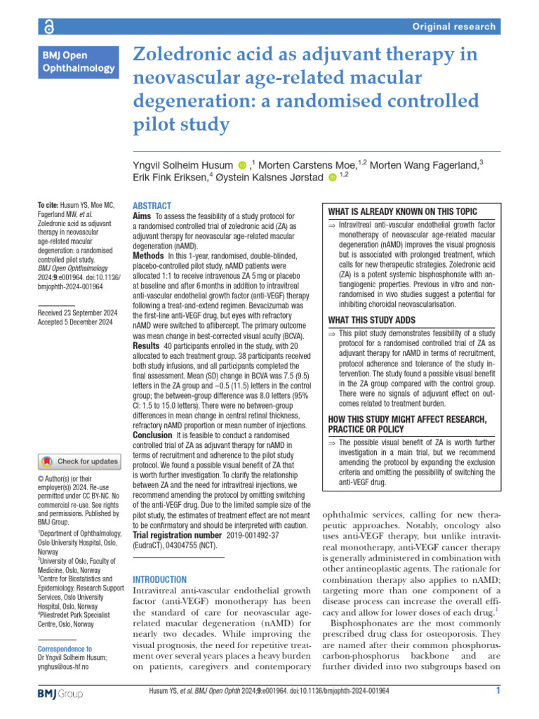 Zoledronic Acid As Adjuvant Therapy in Neovascular | PDF | Clinical ...