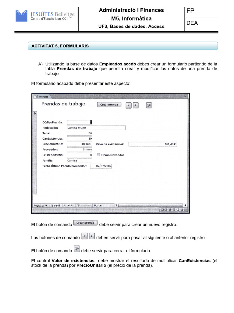 Formularios Access: Prendas y Formaciones | PDF