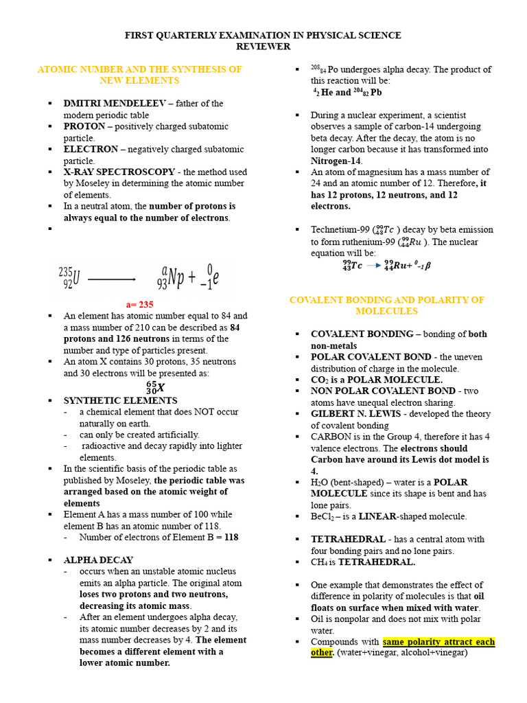 Physical Science 1ST PT Reviewer | PDF | Atoms | Chemical Elements