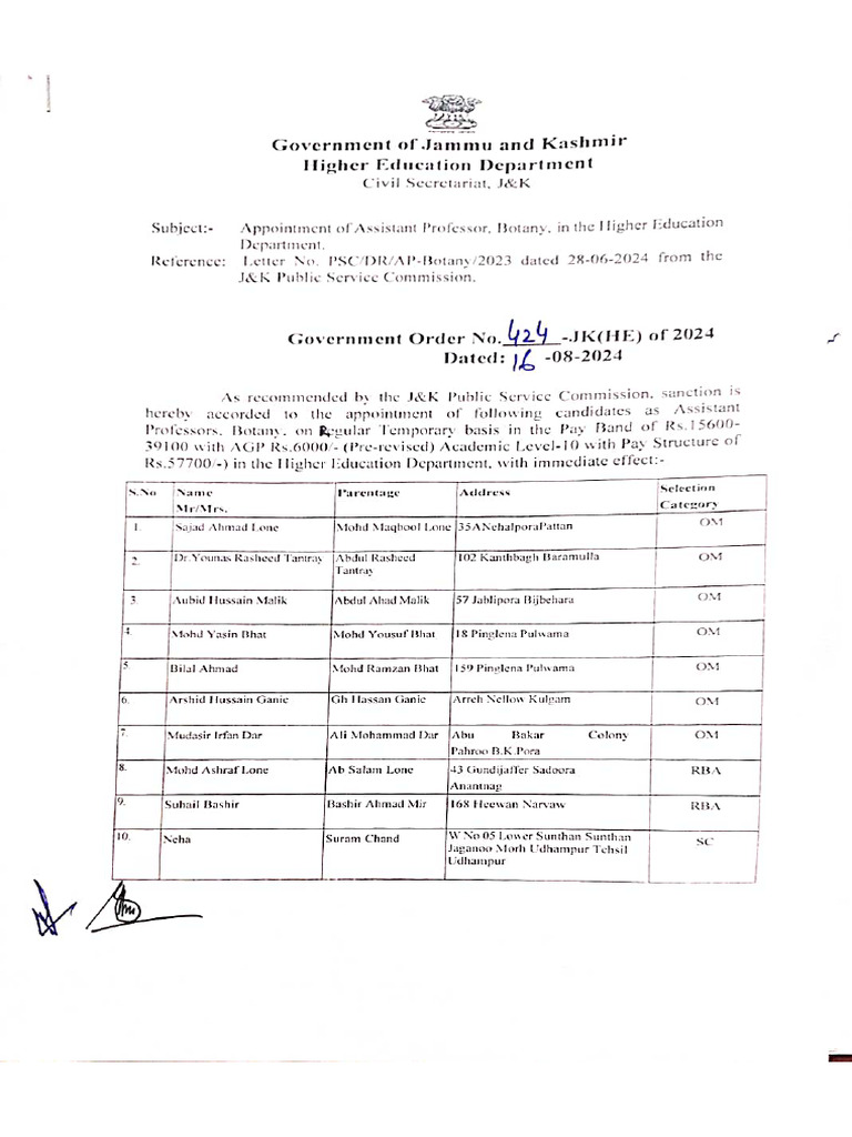 Appointment of Assistant Professors, Botany, in The Higher Education ...