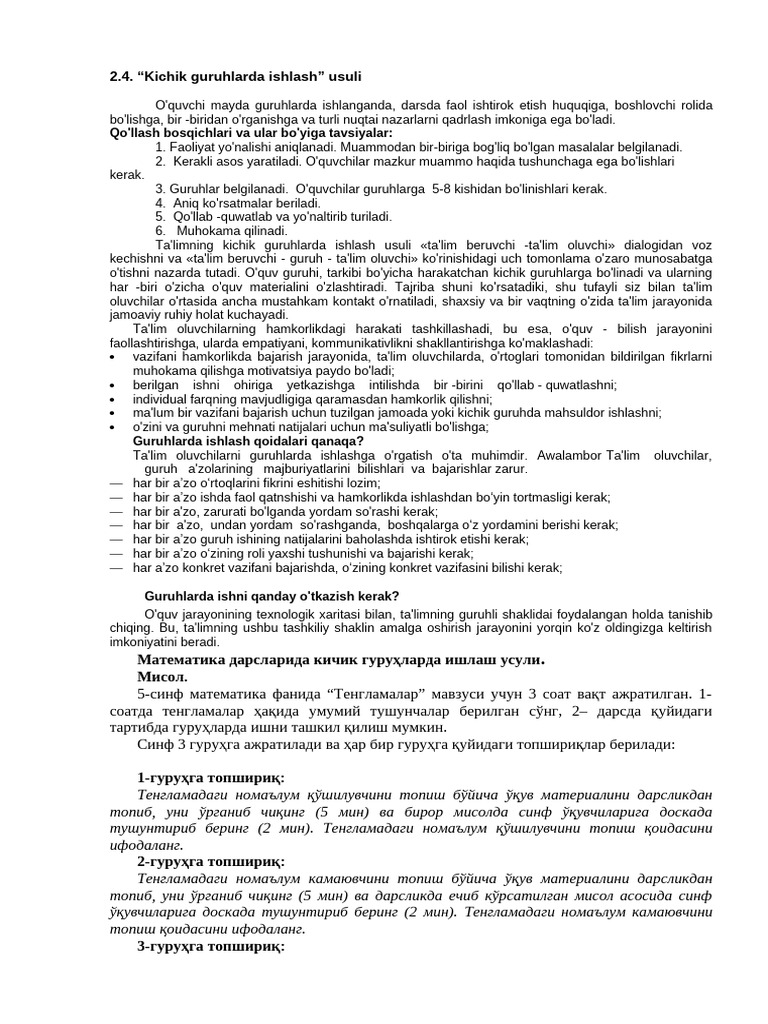 "Kichik Guruhlarda Ishlash" Usuli | PDF