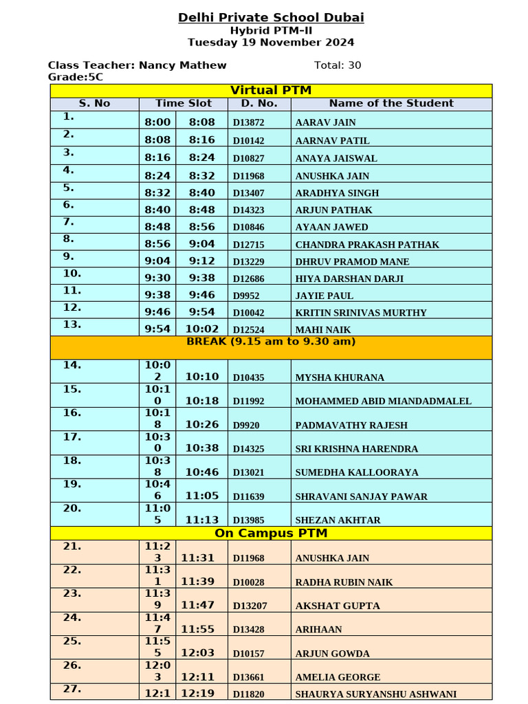 Grade 5C Hybrid PTM Schedule | PDF