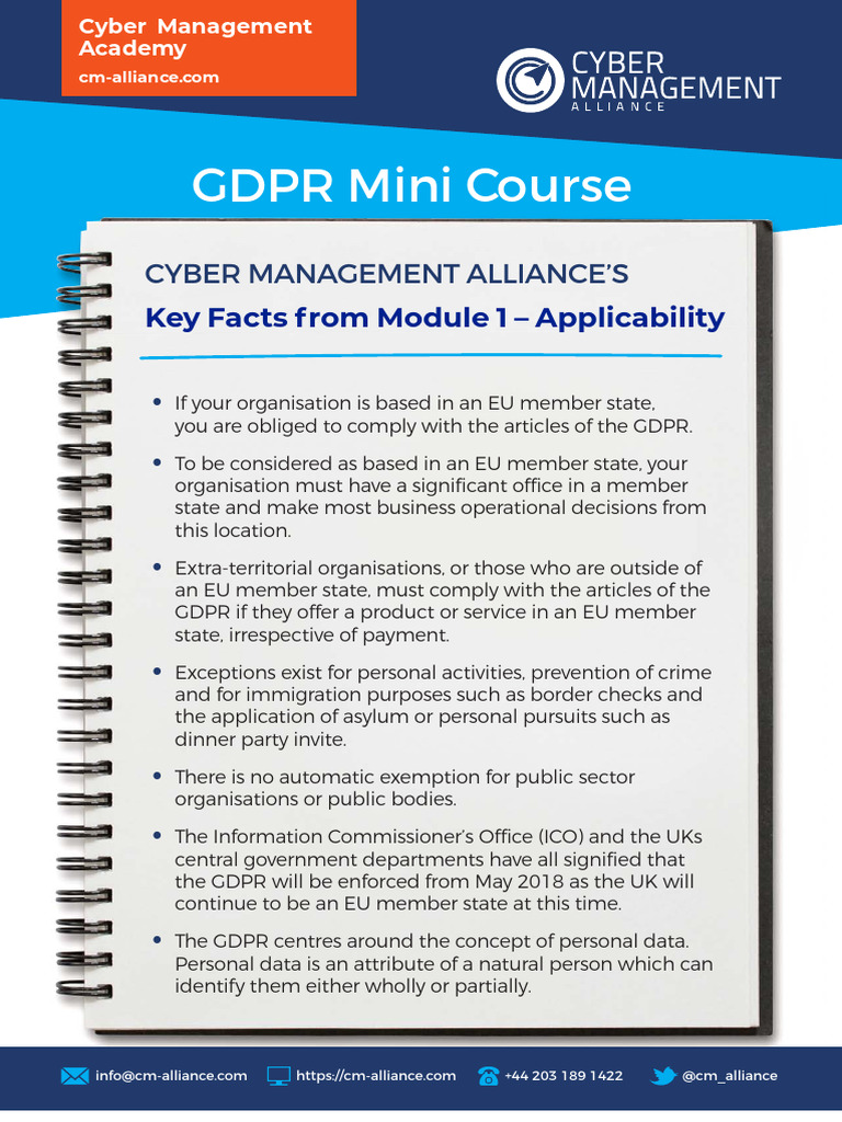 GDPR Mini Course Module 1 Key Facts Applicability | PDF