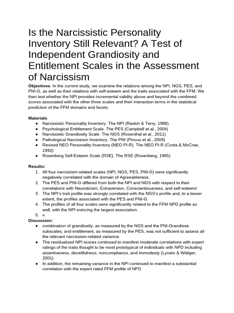 Is The Narcissistic Personality Inventory Still Relevant | PDF