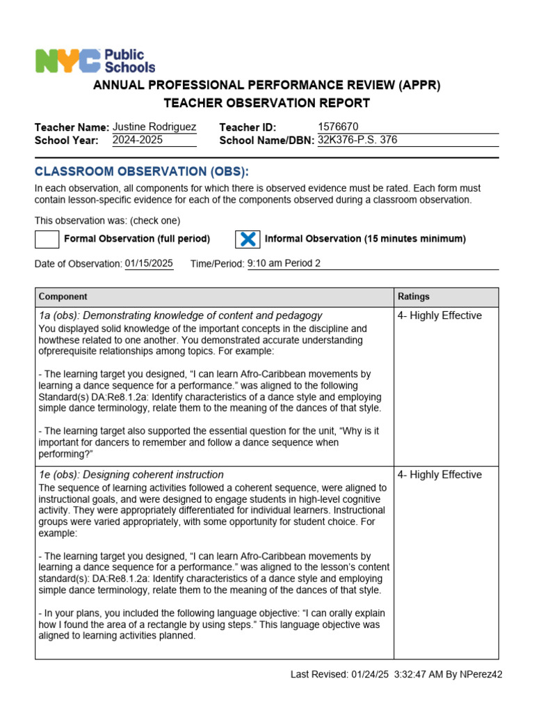 Informal Observation Report '25 | PDF | Learning | Dances