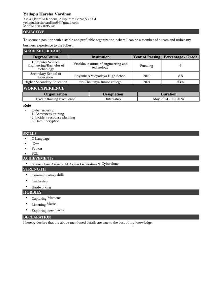 Yellapu Harsha Vardhan - Entry Level Resume - 01 | PDF