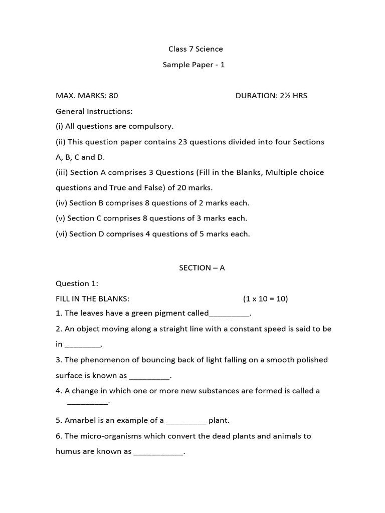 Class 7 Science Qp.pdf | PDF | Mirror | Biology