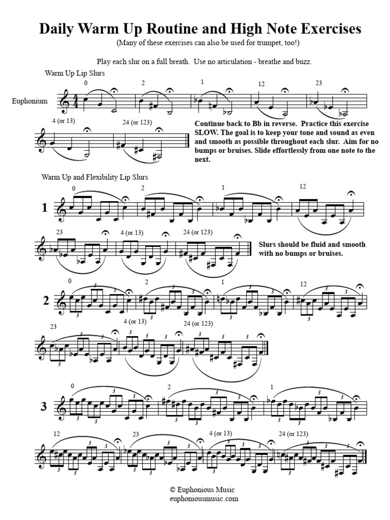 Daily Warm Up Routine and High Note Exercises Euphonium TC | PDF ...