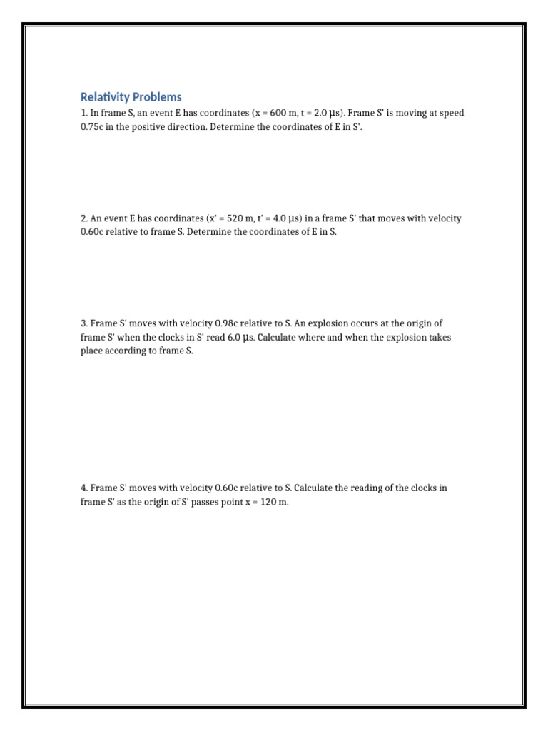 Relativity_Problems Qs Organized | PDF | Special Relativity | Physical ...