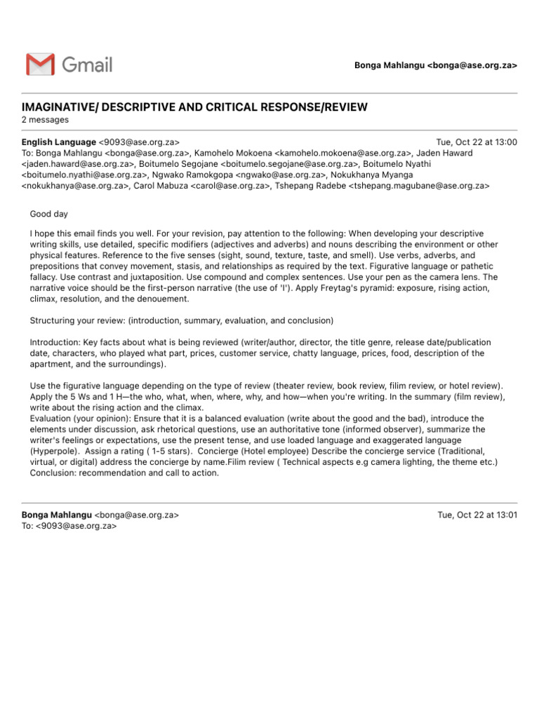 Imaginative%2f Descriptive and Critical Response%2freview | PDF ...