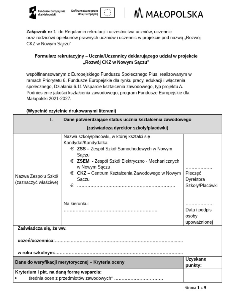 Zalacznik NR 1 Formularz Rekrutacyjny Uczen Papierowy 2 | PDF