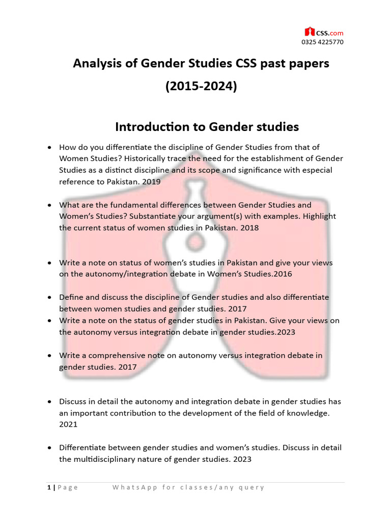 Gender Studies CSS Paper Analysis 2015-2024 | PDF | Gender Studies ...