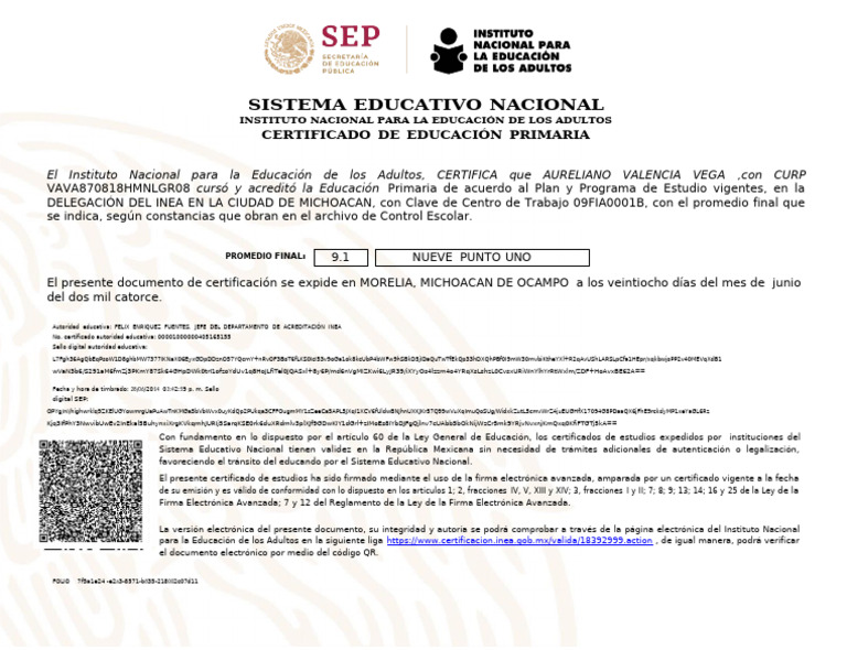 Certificado Primaria INEA Michoacán | PDF