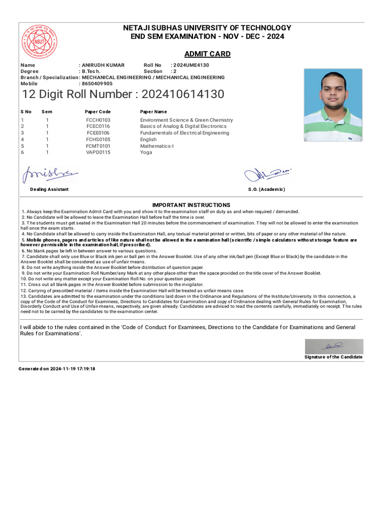 End Sem Admit Card | PDF