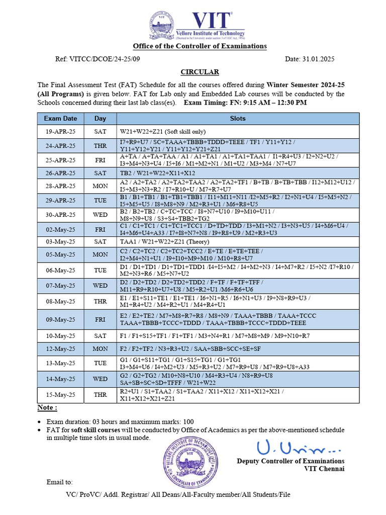 09-FAT schedule - Winter 2024-25 | PDF | Qualifications | Tests