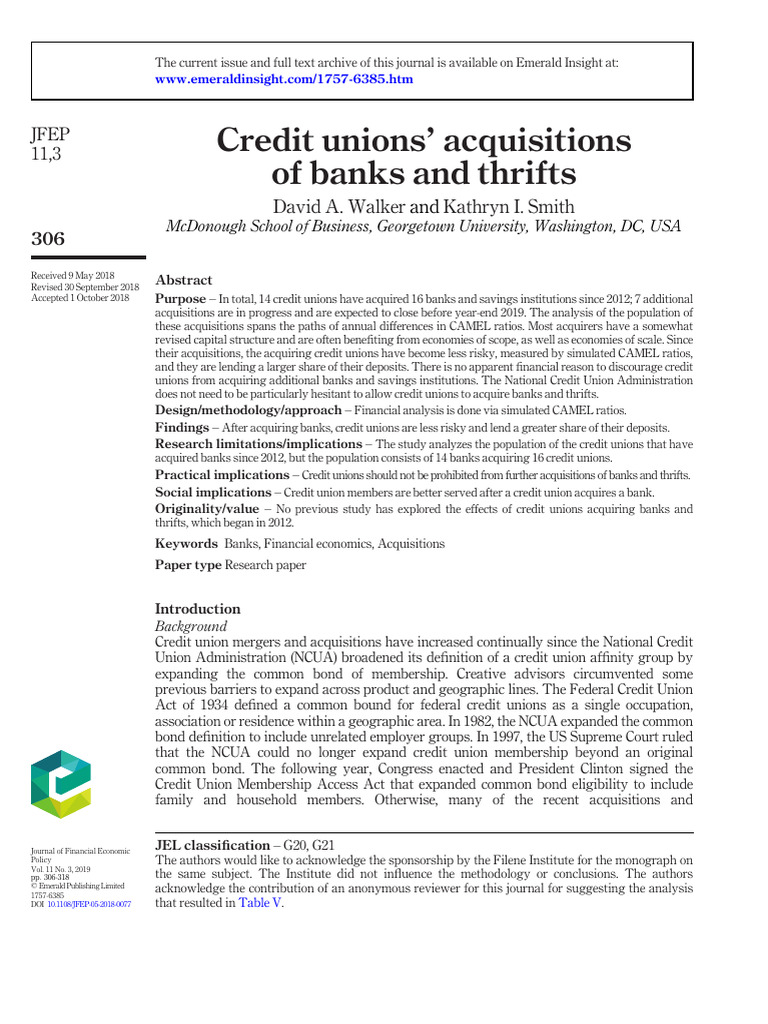 Credit Unions' Acquisitions of | PDF | Banks | Mergers And Acquisitions