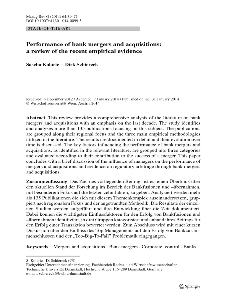Performance of Bank Mergers An | PDF | Mergers And Acquisitions ...