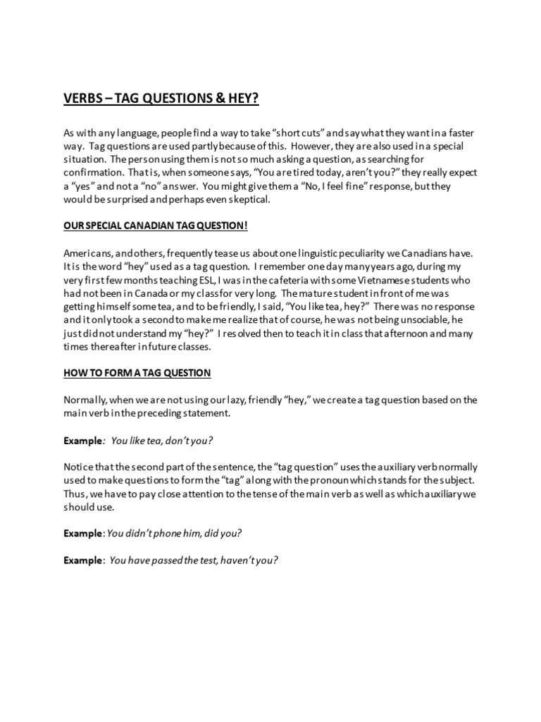 Understanding Tag Questions and "Hey?" | PDF | Question | Language Families