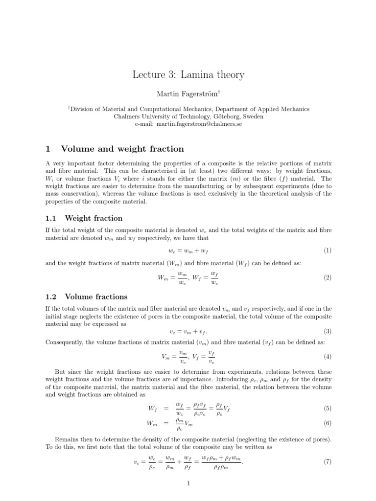 Lecture 3: Lamina Theory: 1 Volume and Weight Fraction | PDF | Strength ...