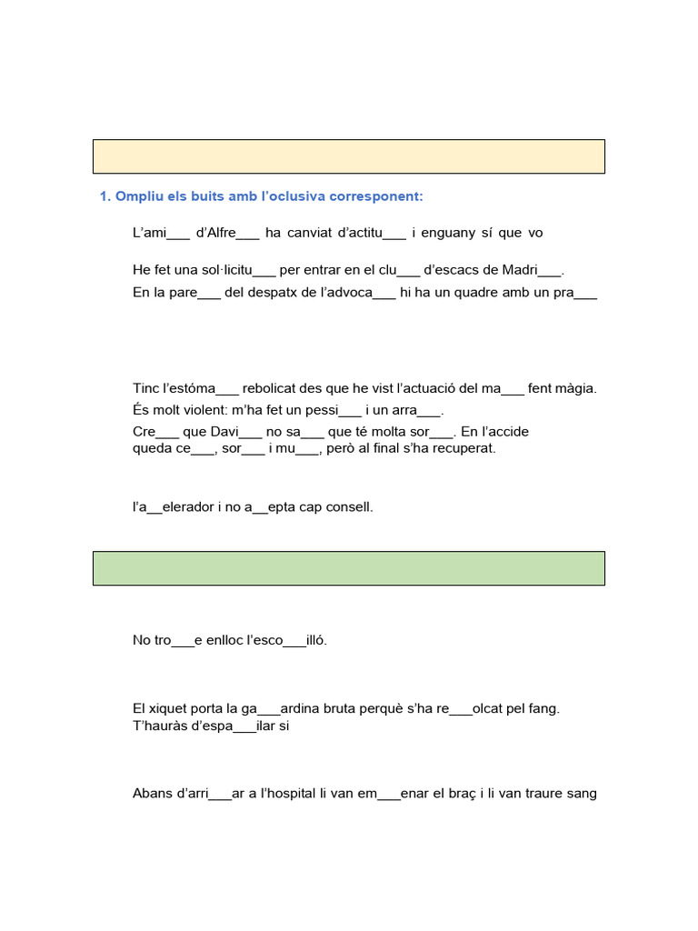 Consonantisme (Oclusives B-V) Exercicis Complementaris | PDF
