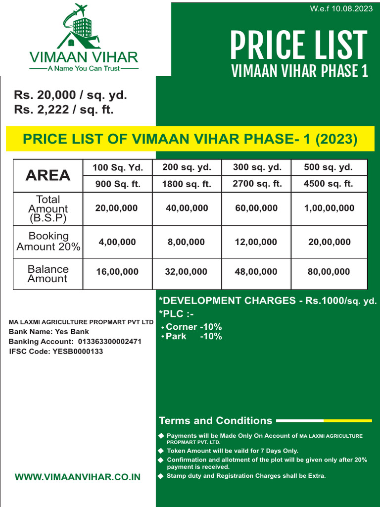 Vimaan Vihar Phase 1 Price List 2023 | PDF