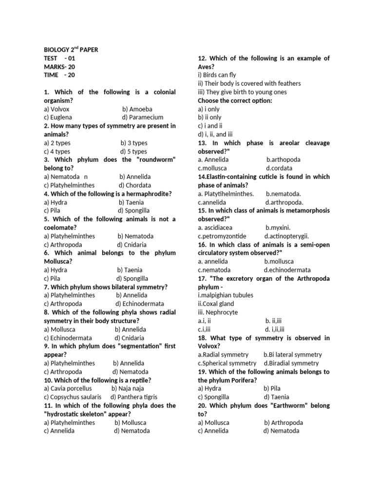 Biology 2nd Paper Test Questions | PDF | Protostomes | Zoology