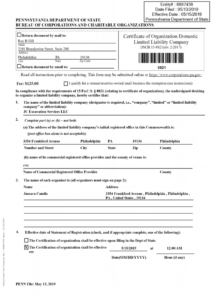 Certificate of Organization Domestic Limited Liability Company 2 | PDF