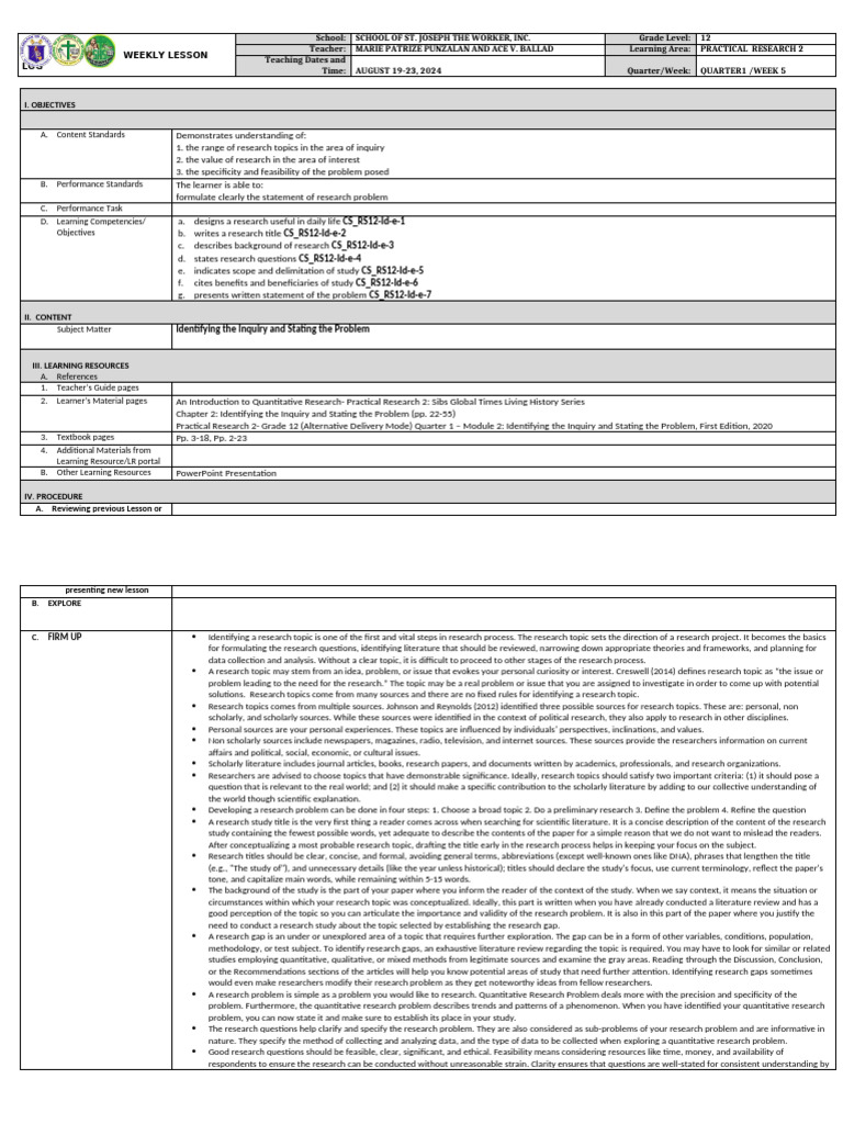Grade 12 Practical Research Lesson Plan | PDF | Quantitative Research ...