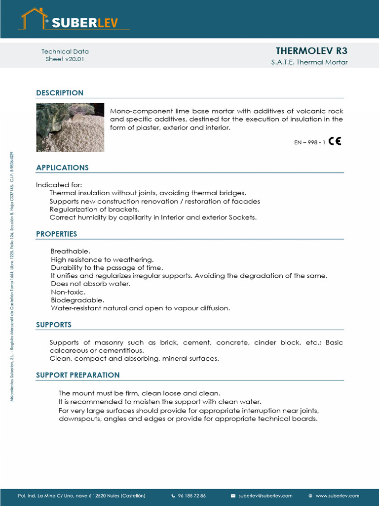 Thermolev R3 Thermal Mortar Data Sheet | PDF | Mortar (Masonry) | Concrete