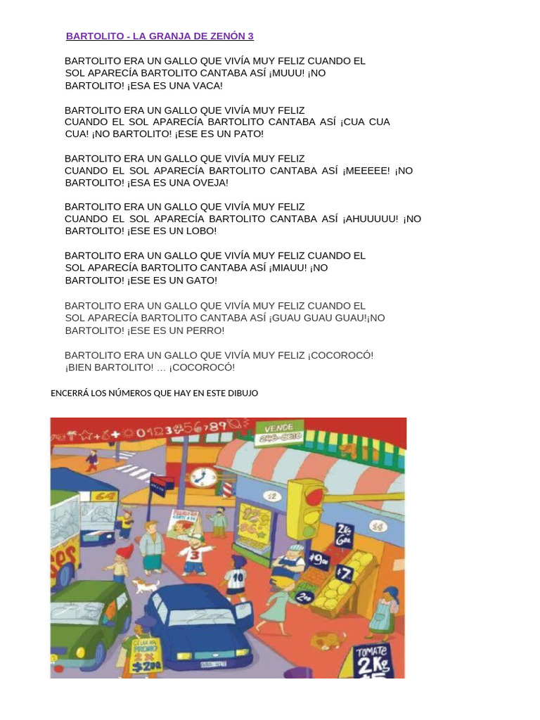 BARTOLITO Letra de La Cancion Y ACT PREVIAS A LA EVALUACION DE MATEMATICA | PDF