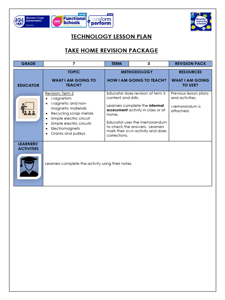 Lesson Plan GR 7 Technology T3 Take Home Package | PDF | Machines | Switch