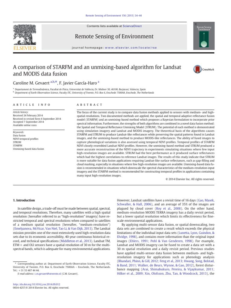 A Comparison of STARFM and An Unmixing-Based Algorithm For Landsat and MODIS Data Fusion | PDF ...
