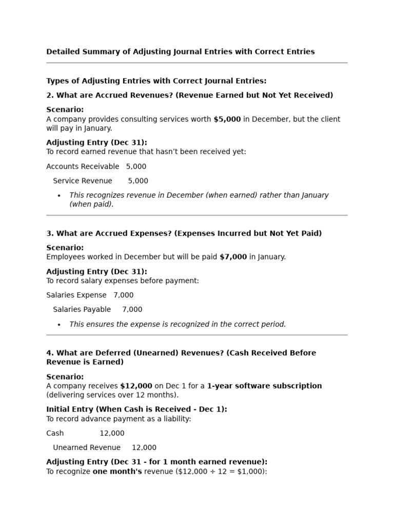 Detailed Summary of Adjusting Journal Entries with Correct Entries | PDF | Deferral | Expense