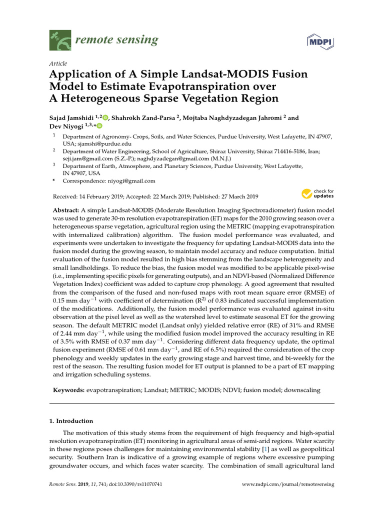 Application Of A Simple Landsat Modis Fusion Model To Estimate Evapotranspiration Over A