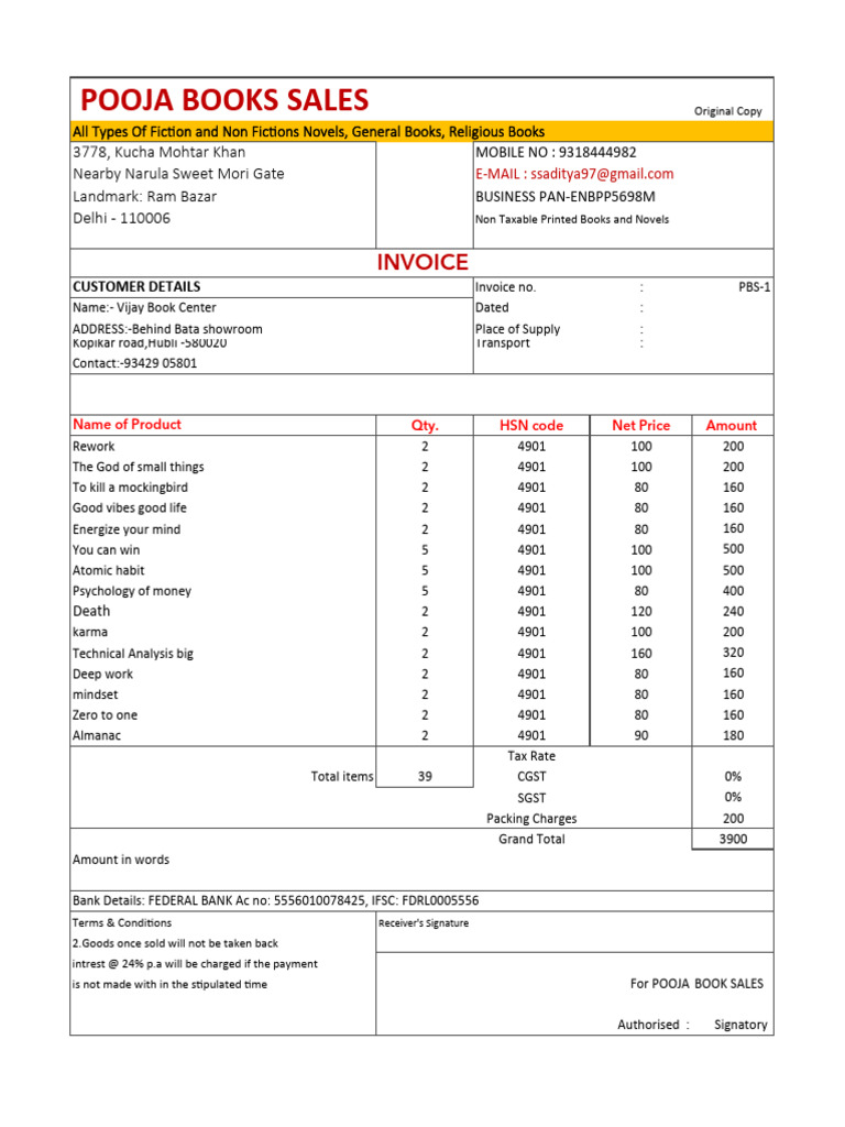 Pooja Books Sales Invoice Format | PDF | Money | Taxation
