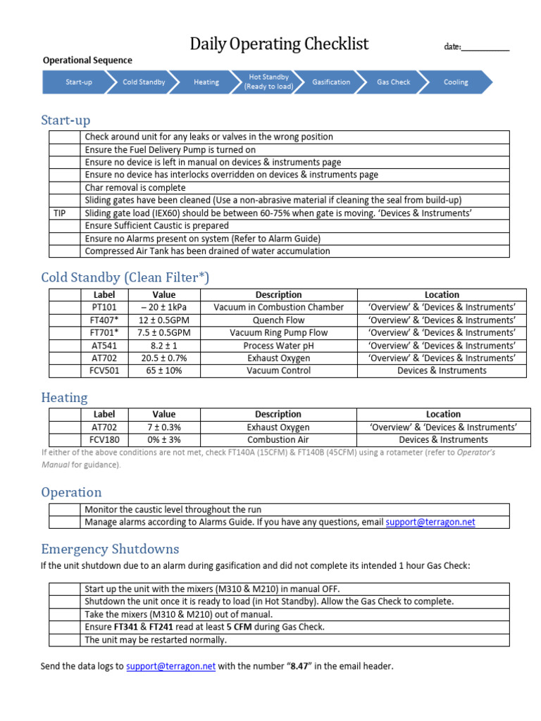 MAGS Daily Start Up Checklist | PDF | Gasification | Pump