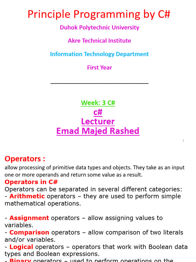 Principle Programming By C Lec 3 Pdf C Sharp Programming Language Boolean Data Type