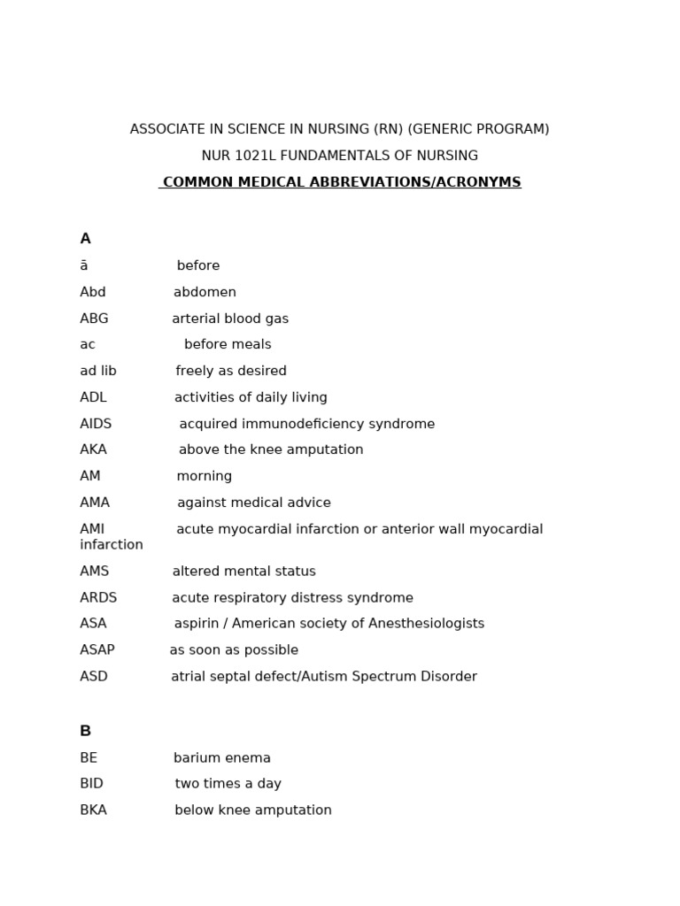 Common Medical Abbreviations/Acronyms | PDF | Coronary Artery Bypass ...